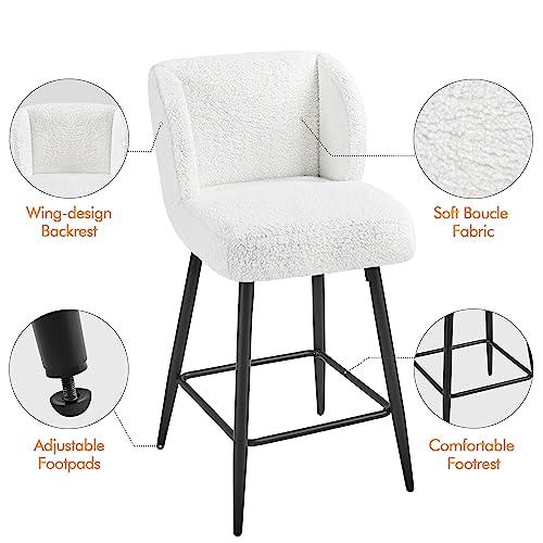 Yaheetech Bar Stools Set of 4 Boucle Fabric Upholstered Counter Height Stools Armless Kitchen Island Stools with Black Metal Legs for Pub Club Kitchen, White