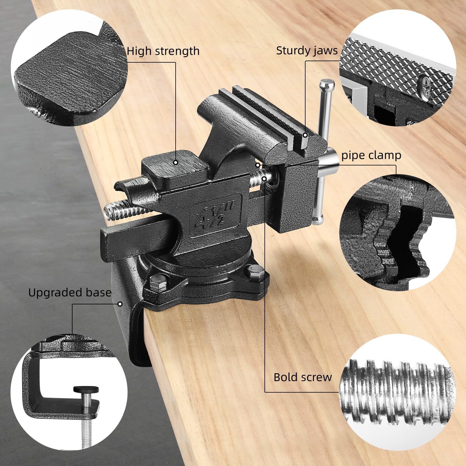 Bench Vise, 4-1/2" Table Vise For Workbench,2-in-1 Multi-Purpose Heavy Duty Bench Vice With Multifunctional Soft Jaws, 270° Swivel Base Home Vise for Woodworking,Home Workshop,Welding and DIY