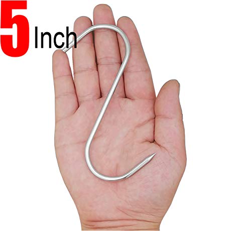 Alele 5 Inch 4mm Meat Hooks Stainless Steel Meat S-Hook for BBQ,Hanging,Smoking,Butchering,Grilling Set of 6 Pack (Meat Hook 5 Inch)