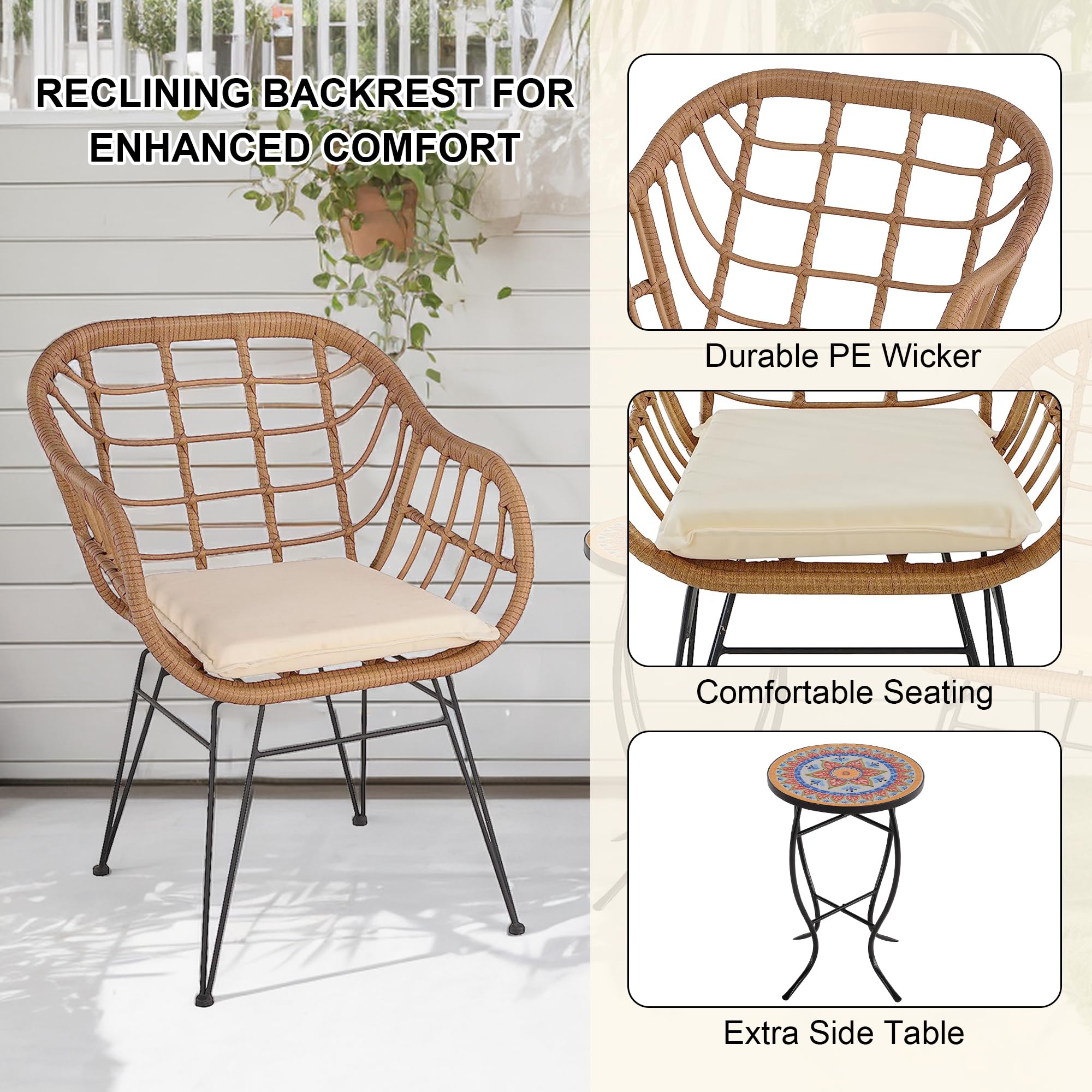 MOOOTTO 3 Pieces Outdoor Conversation Set, Patio Bistro Sets with 2 PE Wicker Chairs and Coffee Table,Patio Furniture Set for Porch, Sunroom, Deck, Backyard