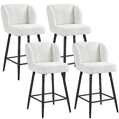 Yaheetech Bar Stools Set of 4 Boucle Fabric Upholstered Counter Height Stools Armless Kitchen Island Stools with Black Metal Legs for Pub Club Kitchen, White