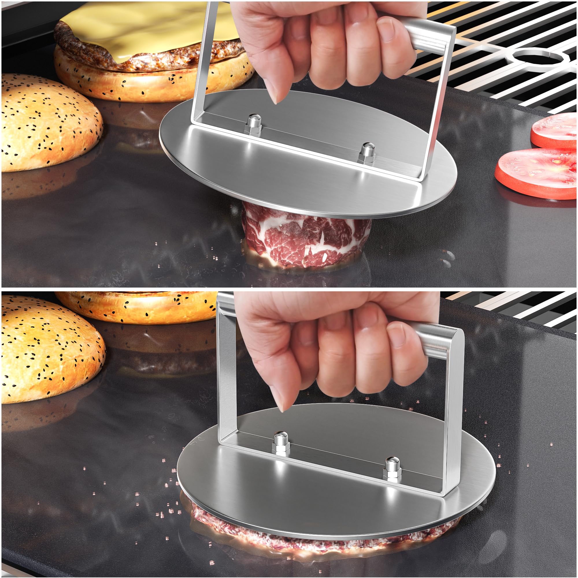 niffgaff Stainless Steel Burger Press, 5.5 Inch Round Burger Smasher, Nonstick Smooth Grill Press for Flat Top Skillet Grill Cooking, Flat Bottom Griddle Accessories Kit