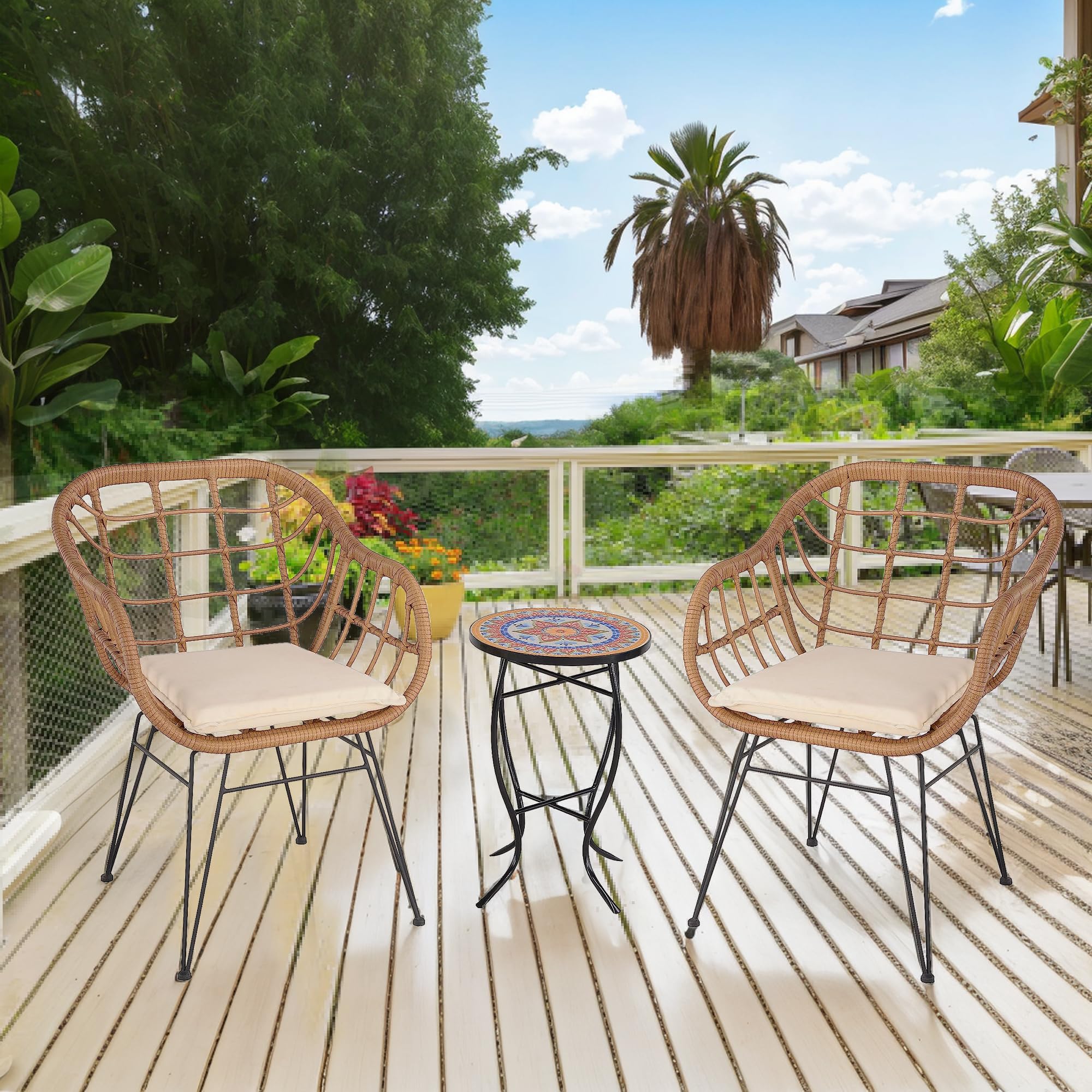 MOOOTTO 3 Pieces Outdoor Conversation Set, Patio Bistro Sets with 2 PE Wicker Chairs and Coffee Table,Patio Furniture Set for Porch, Sunroom, Deck, Backyard