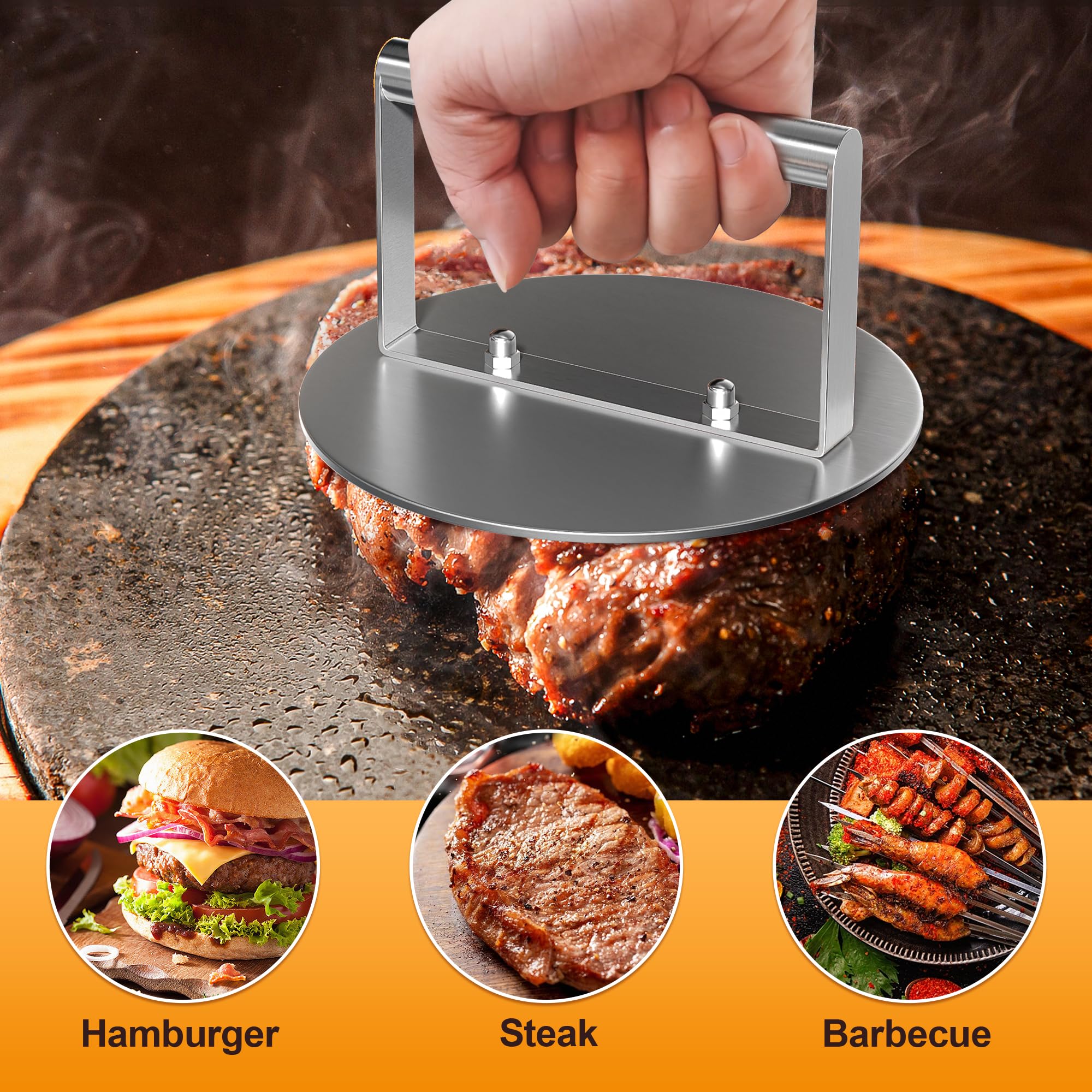 niffgaff Stainless Steel Burger Press, 5.5 Inch Round Burger Smasher, Nonstick Smooth Grill Press for Flat Top Skillet Grill Cooking, Flat Bottom Griddle Accessories Kit