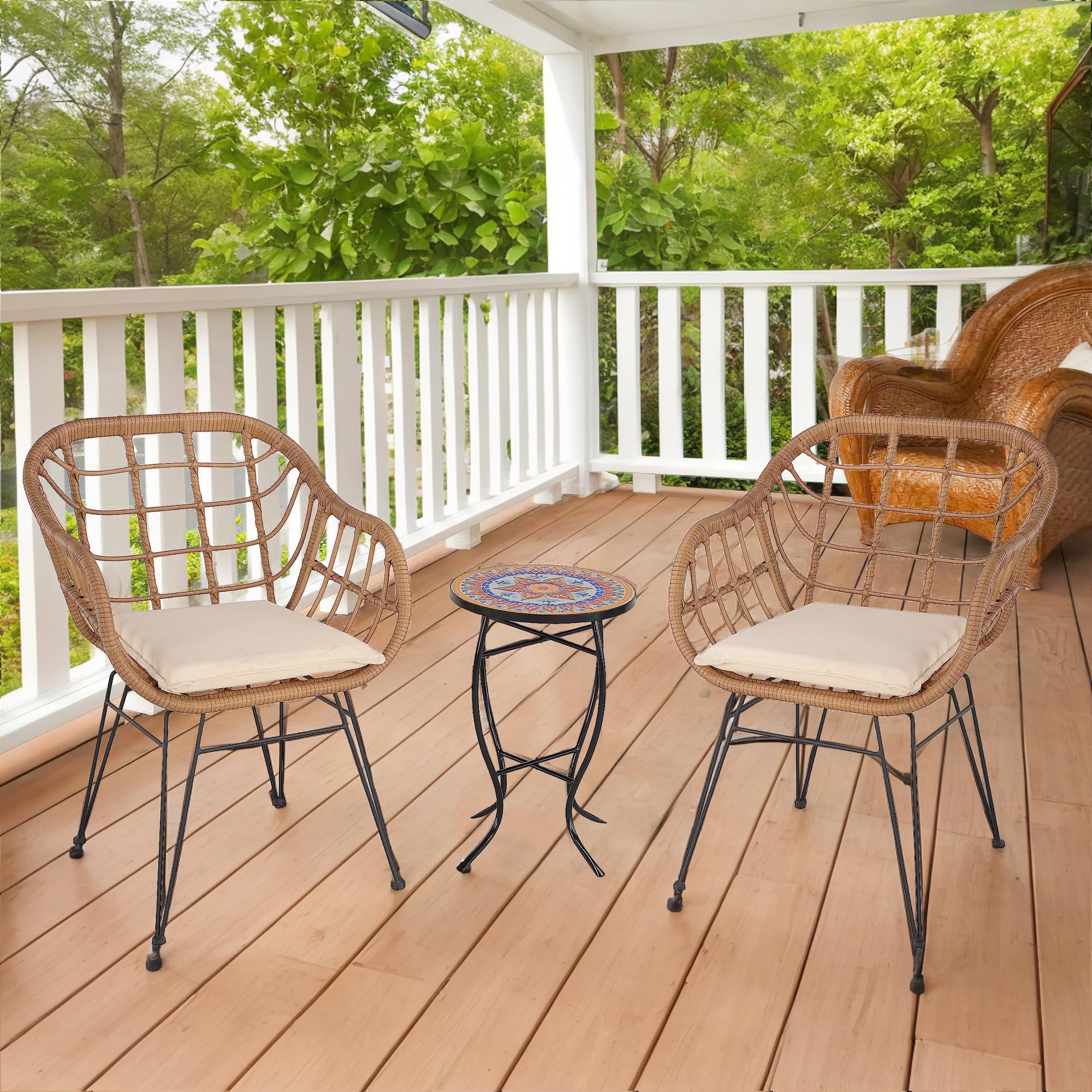 MOOOTTO 3 Pieces Outdoor Conversation Set, Patio Bistro Sets with 2 PE Wicker Chairs and Coffee Table,Patio Furniture Set for Porch, Sunroom, Deck, Backyard