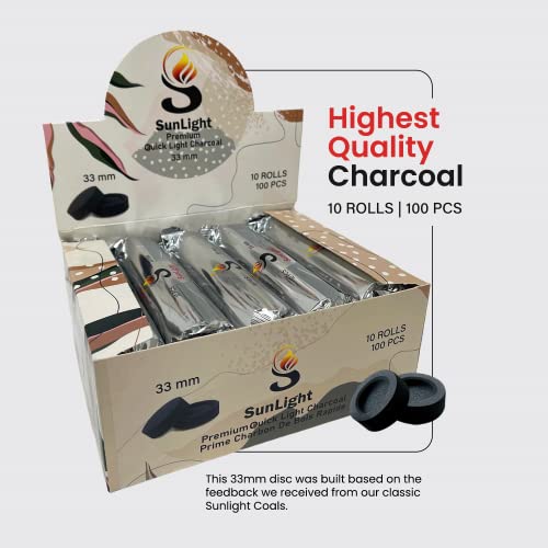 *New* Sunlight Premium Charcoal Tablets for Incense - Instant Light - 100 Charcoal Discs - 33mm - Resin Burner Rolls β Pack of 100 Coal Briquettes β Charcoal Burner - Instant Fire Coal - Premium Tier