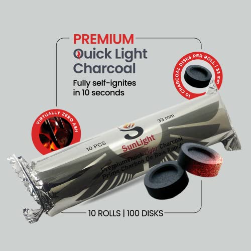*New* Sunlight Premium Charcoal Tablets for Incense - Instant Light - 100 Charcoal Discs - 33mm - Resin Burner Rolls β Pack of 100 Coal Briquettes β Charcoal Burner - Instant Fire Coal - Premium Tier