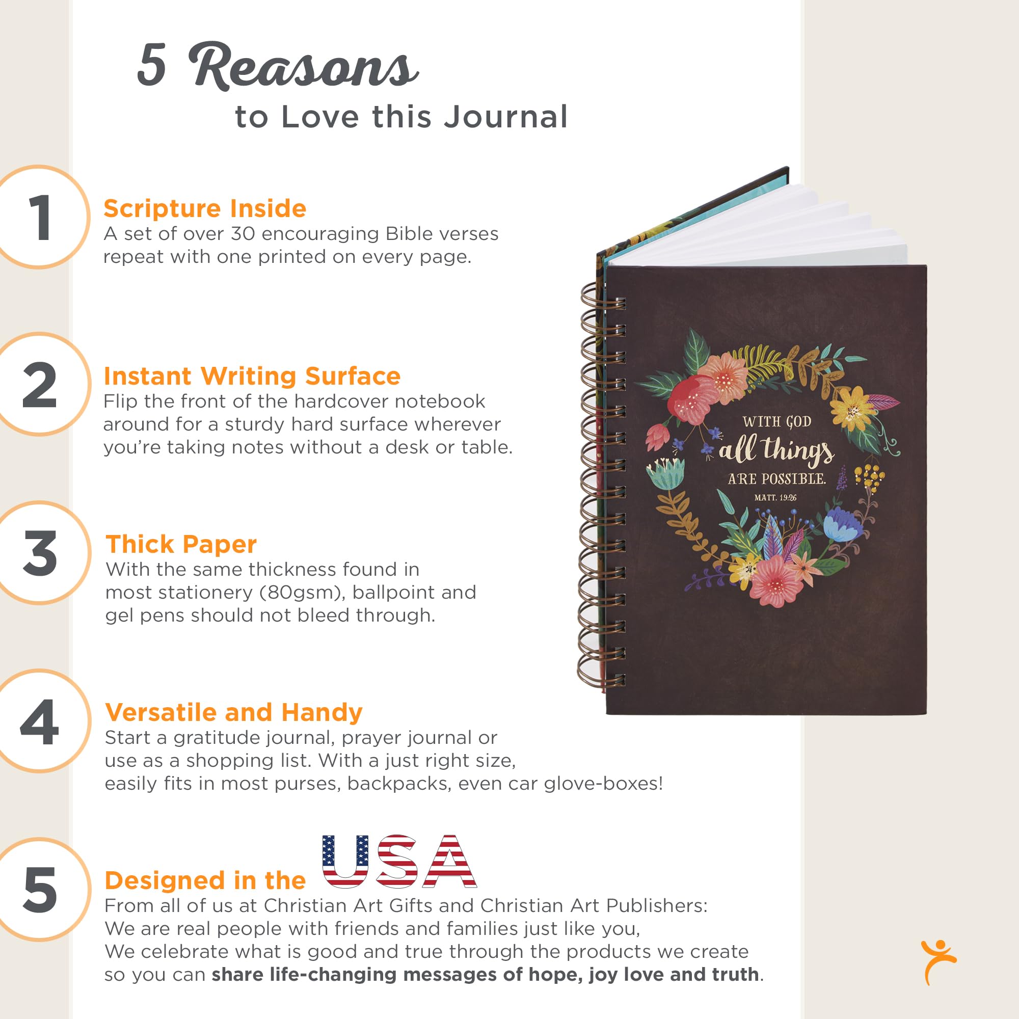 Christian Art Gifts Journal w/Scripture With God All Things Are Possible Mathew 19:26 Bible Verse Floral 192 Ruled Pages, Large Hardcover Notebook, Wire Bound