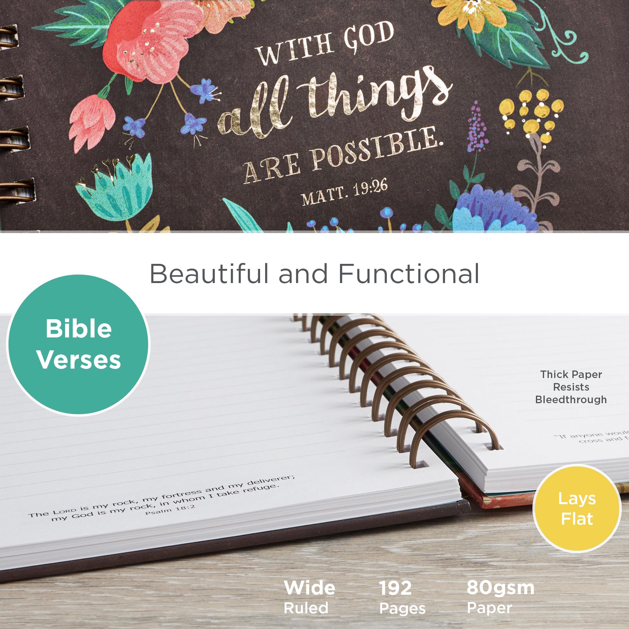 Christian Art Gifts Journal w/Scripture With God All Things Are Possible Mathew 19:26 Bible Verse Floral 192 Ruled Pages, Large Hardcover Notebook, Wire Bound
