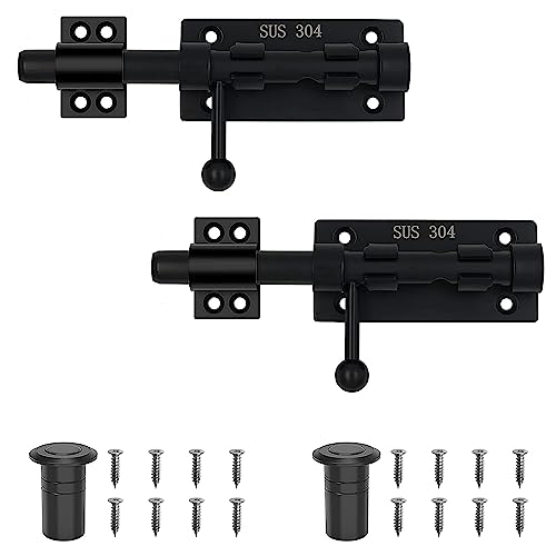 2 Pack 6.3Inch Gate Barn Lock Latches, 304 Stainless Steel Barrel Slide Bolt Black Door Latch, Fit for Outdoor Wooden Fence, Yard Doors, Garages, Bedrooms, Cupboards and Window