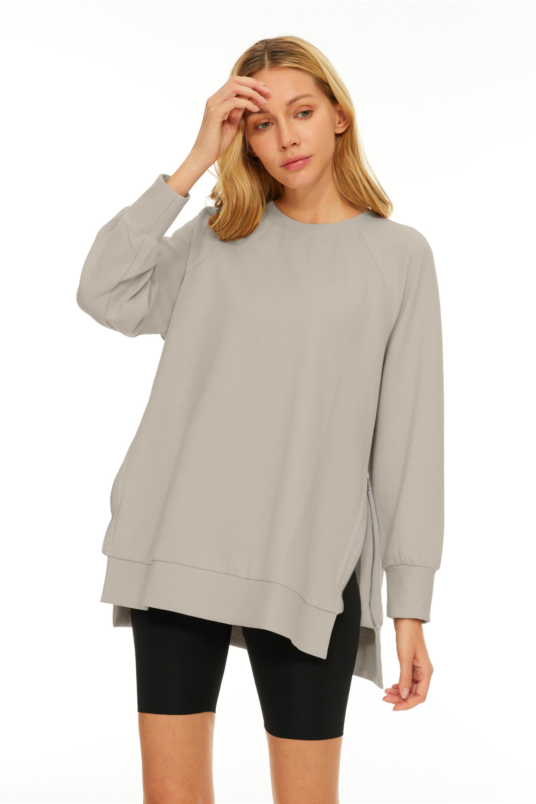 EFAN Womens Oversized Sweatshirts CrewNeck Pullover Soft Y2K Hoodies 2025 Fall Outfits Zipper Teen Girls Clothes Sweaters CreamGrey M