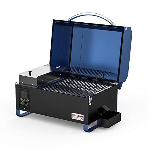 Onlyfire Portable Wood Pellet Grill and Smoker, 8 in 1 Tabletop Outdoor BBQ Grilling Stove for RV Camping Tailgating Cooking with Auto Temperature Control, LED Screen, Meat Probe & 2 Tiers Cooking Area, Blue