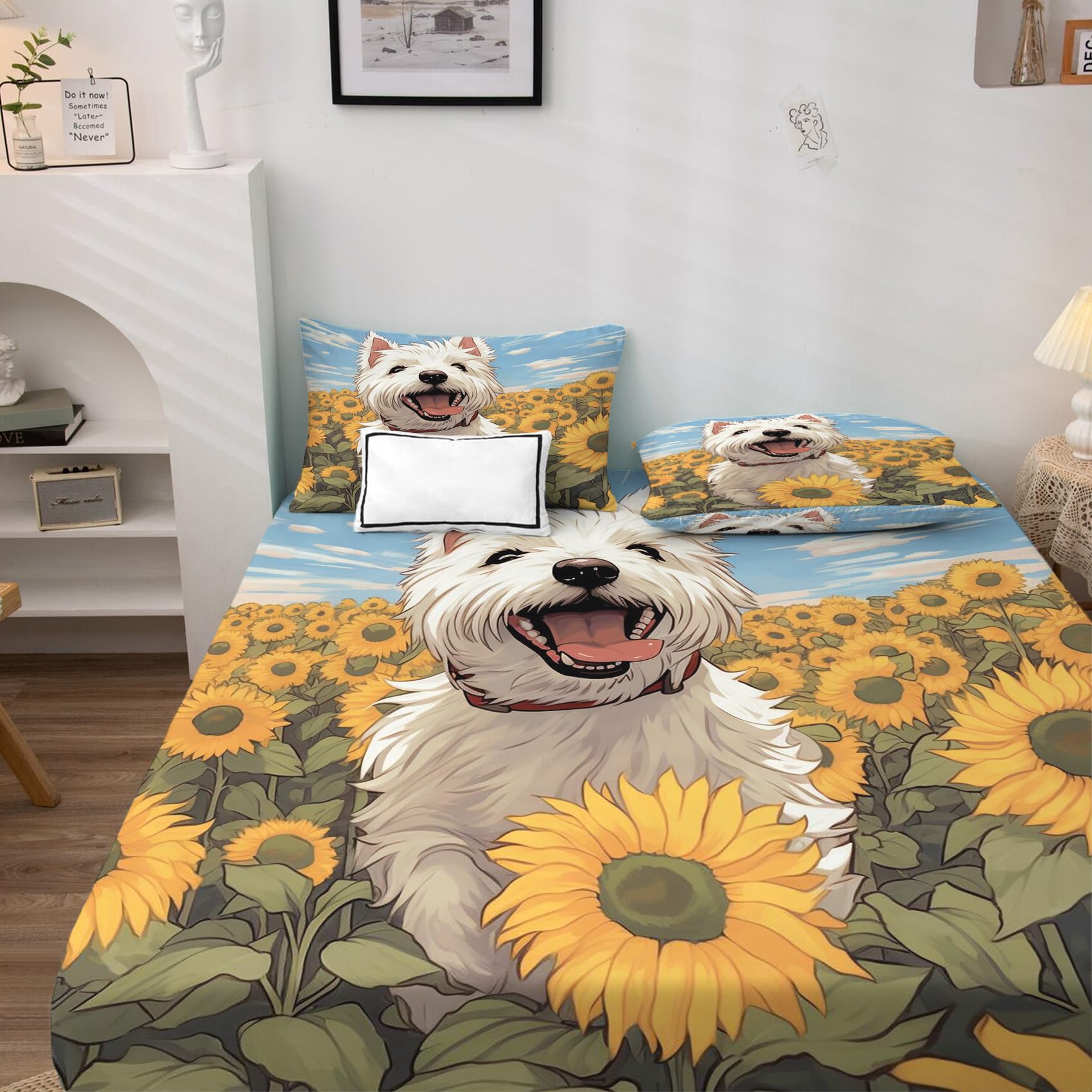 Schnauzer Sheets Full Size, Sunflower Plant Bed Sheets, Patterned Bedding Sheets & Pillowcases 4 Piece Set - Soft Microfiber Deep Pocket Fitted Sheet & Flat Sheet & 2 Pillow Cases L3-&-220
