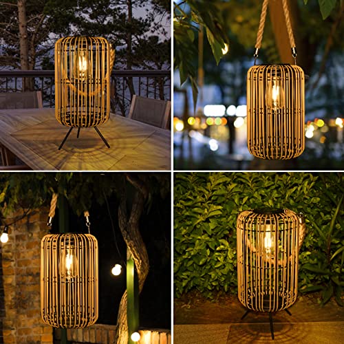 Livinlarge Solar Lantern Outdoor Waterproof, Large Solar Rattan Lantern Outdoor Hanging with Handle, Bright Solar Outdoor Lights with Edison Bulb for Garden Patio Yard Tabletop Decoration