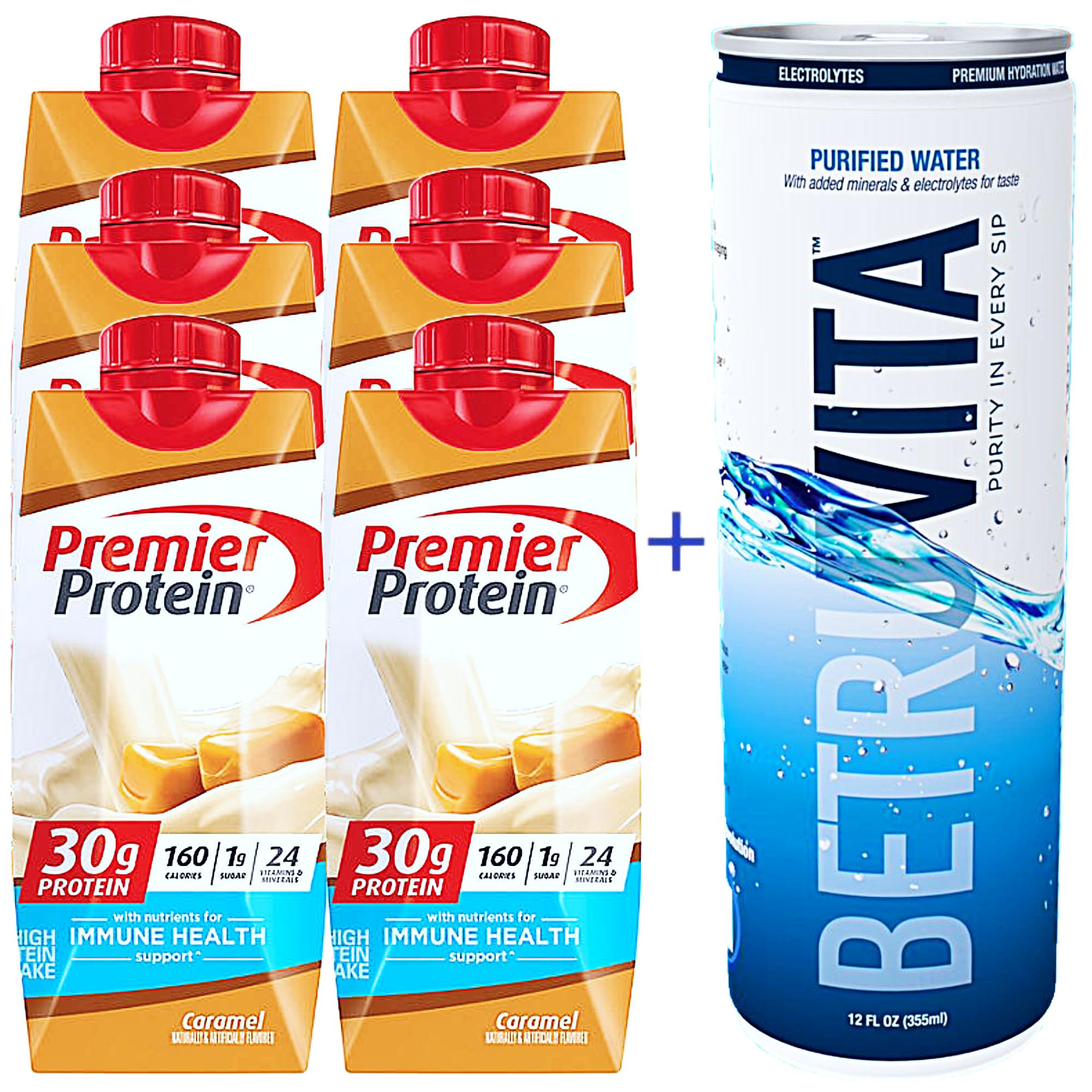 Premier Protein Shake| Variety Pack of Chocolate, Vanilla, Caramel, Cafe Latte, Strawberries |30g Protein, 1g Sugar, 24 Vitamins & Minerals, Nutrients to Support Immune Health | - 11 Fl Oz Pack of 7 | Plus Canned Water to Help you stay Hydrated - Limited