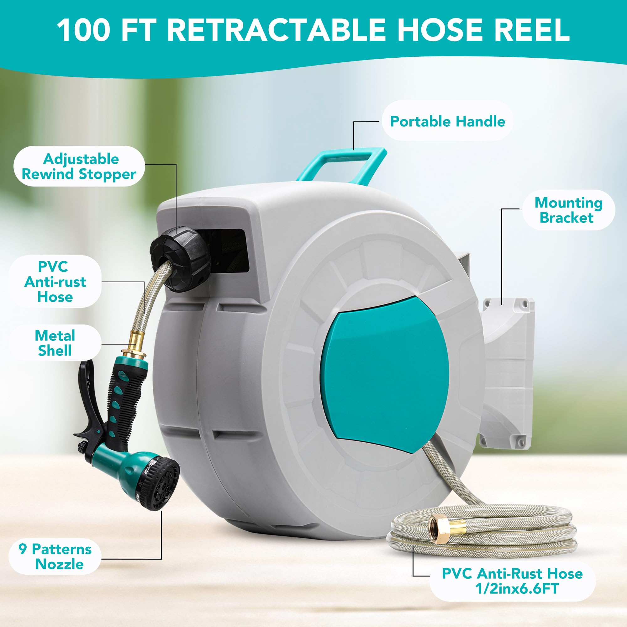 IDEALHOUSE Retractable Garden Hose Reel, 1/2 in x 100 ft Wall-mounted Hose Reel, with 9- Function Sprayer Nozzle, Any Length Lock/180° Swivel Bracket/Automatic Rewind/Slow Return System/Easy Watering