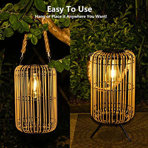 Livinlarge Solar Lantern Outdoor Waterproof, Large Solar Rattan Lantern Outdoor Hanging with Handle, Bright Solar Outdoor Lights with Edison Bulb for Garden Patio Yard Tabletop Decoration