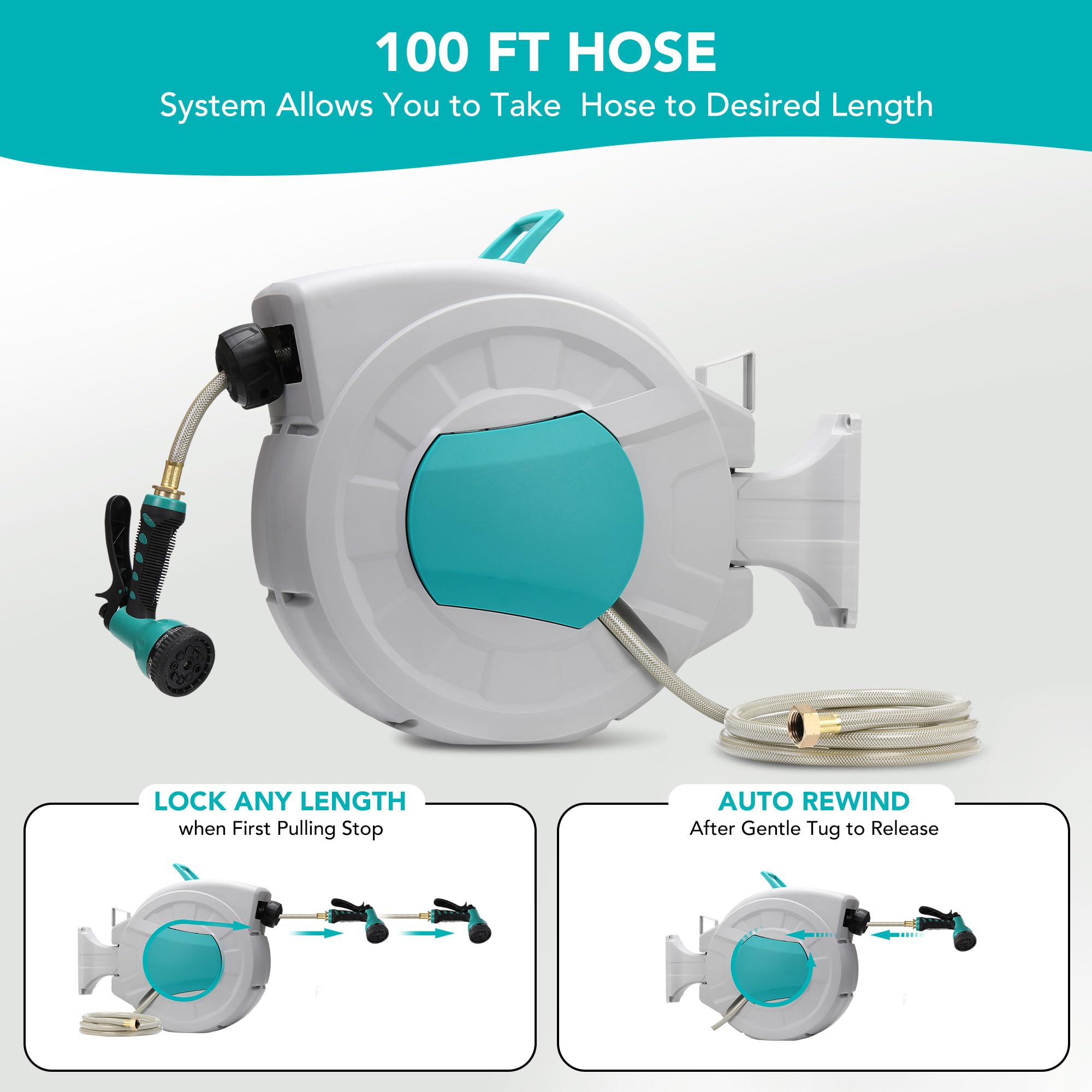 IDEALHOUSE Retractable Garden Hose Reel, 1/2 in x 100 ft Wall-mounted Hose Reel, with 9- Function Sprayer Nozzle, Any Length Lock/180° Swivel Bracket/Automatic Rewind/Slow Return System/Easy Watering