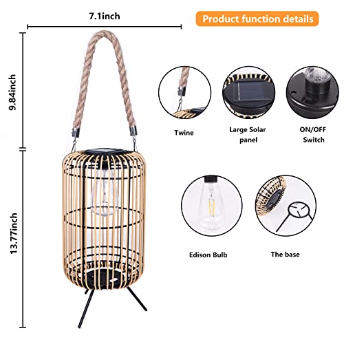Livinlarge Solar Lantern Outdoor Waterproof, Large Solar Rattan Lantern Outdoor Hanging with Handle, Bright Solar Outdoor Lights with Edison Bulb for Garden Patio Yard Tabletop Decoration