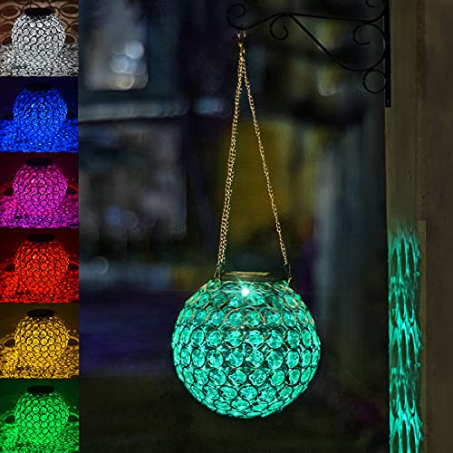 Solar Lantern Hanging Outdoor Christmas Decorative, Dual LEDs Dia 7.5ββ Color Changing and Cool White Crystal Globe Hanging Lights Waterproof with S Hooks Decor in Garden, Pathway, Front Door-White