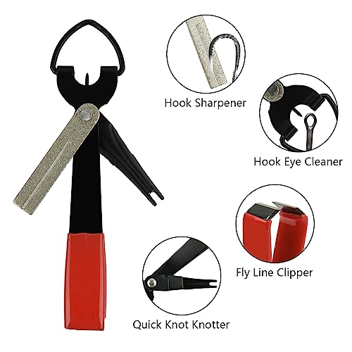 Cosmos Fishing Quick Knot Tying Tool Fly Fishing Nippers 4 in 1 Fly Line Clippers Hook Sharpener Hook Eye Needle Ket, Fly Fishing Knot Tying Kit with Zinger Retractor (Red)