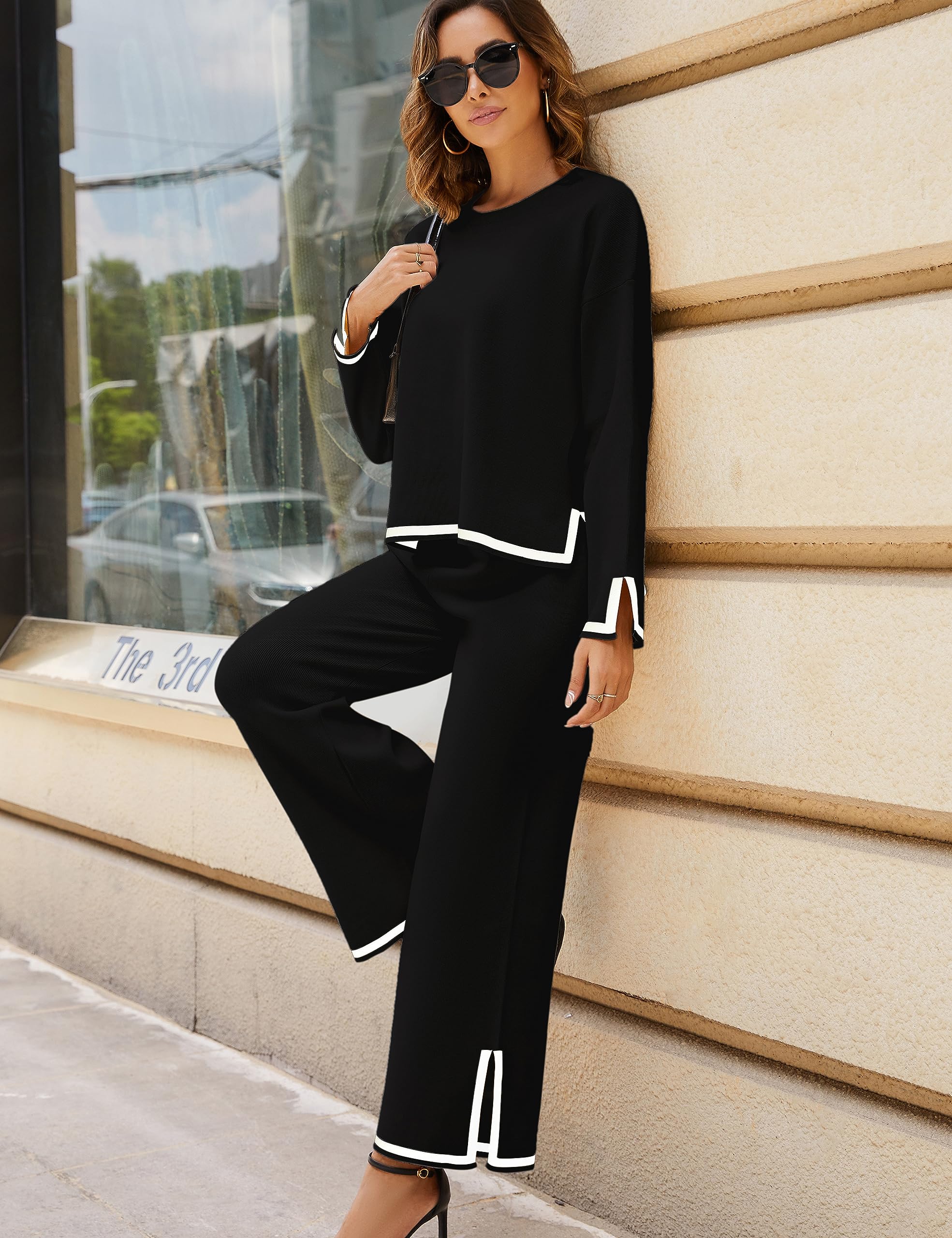 Tanming Women's 2 Piece Outfits Long Sleeve Knit Sweater Top Wide Leg Pants Lounge Sets Tracksuits (Black-S)
