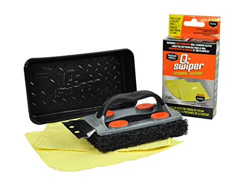 Q-Swiper Steam Clean BBQ Grill Cleaner Set - 1 Grill Brush with Scraper, 2 Heat Resistant Kevlarยฎ Cloths, 1 Tray | Bristle Free | Safe Way to Steam Away Grill Grease & Grime