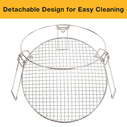 Lineslife Folding 13.4'' Round Campfire Grill Grate, Portable Stainless Steel Camp Fire Cooking Racks with Removable Net 3 Legs for Outdoor Camping Cooking Fire Pit, Silver