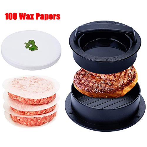 Stuffed Burger Press,3 in 1 Hamburger Patty Maker,Non Stick Burger Patties Cookery Mold to Make Stuffed Burger, Sliders Burger, Beef Burger,with 100 Wax Papers