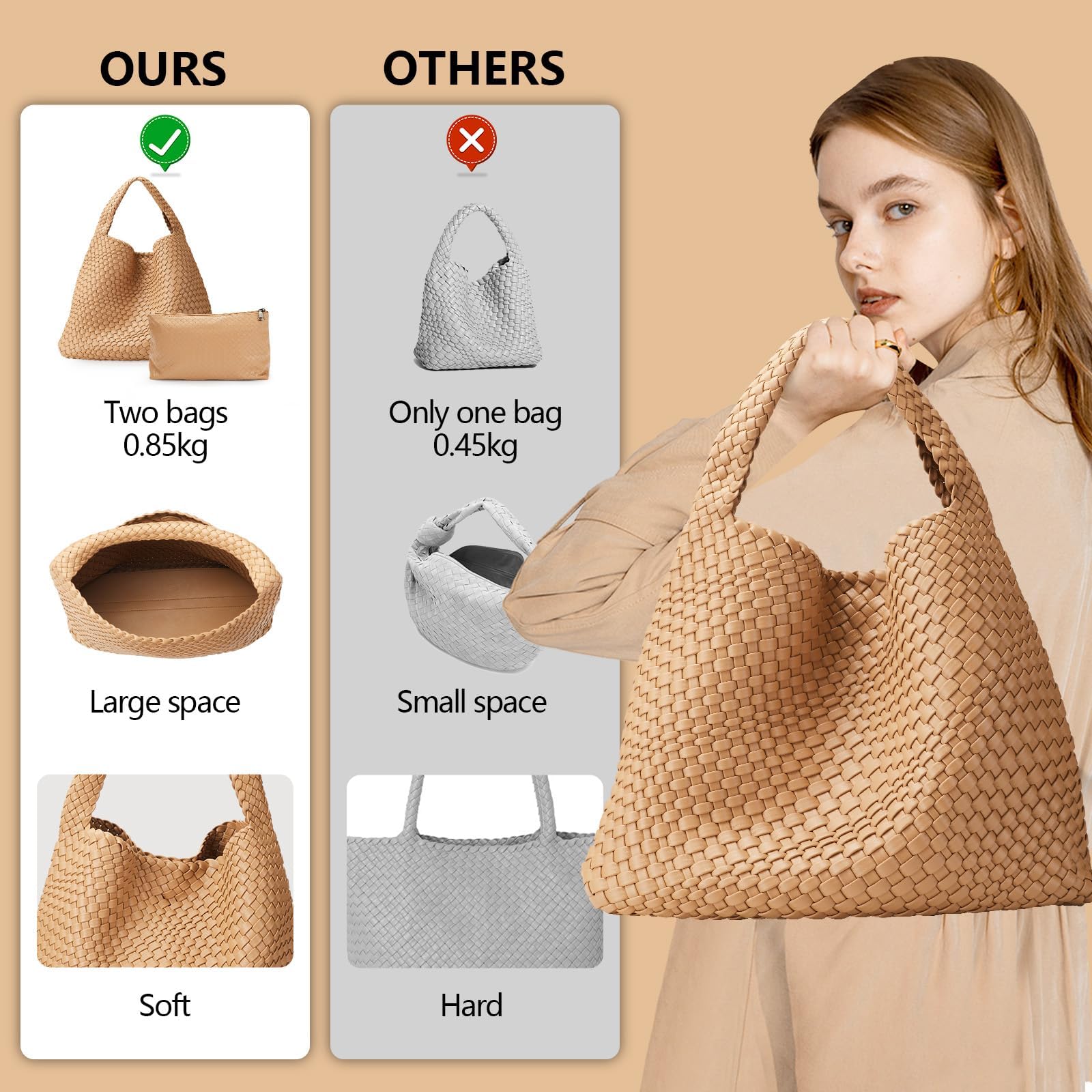 Woven Bag Vegan Leather Hobo handbags for Women, Top-handle Shoulder Tote Braided Bag Underarm Purse (Apricot-A)