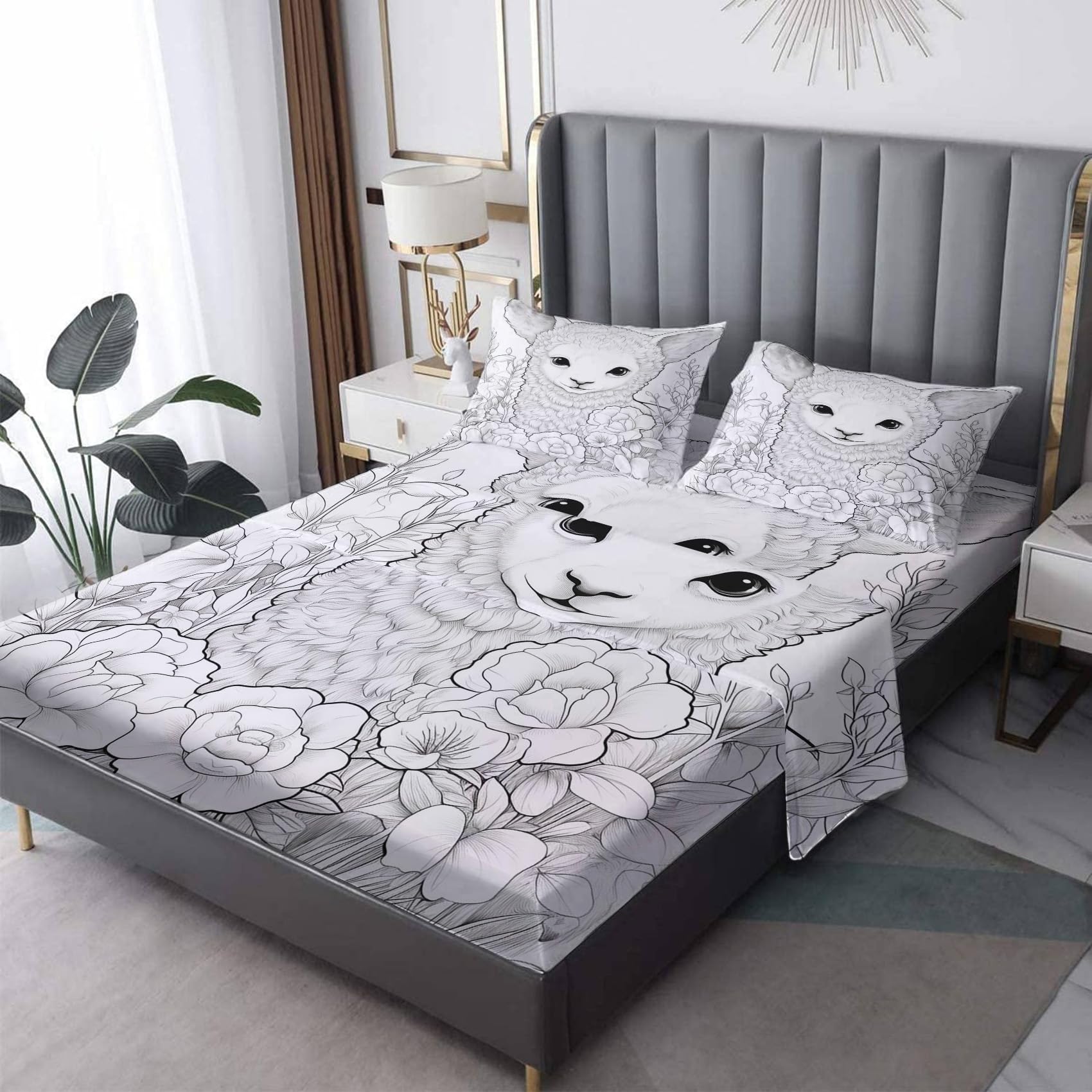 Alpaca Sheets Full Size, Flower Bed Sheets, Patterned Bedding Sheets & Pillowcases 4 Piece Set - Soft Microfiber Deep Pocket Fitted Sheet & Flat Sheet & 2 Pillow Cases L3-&-198
