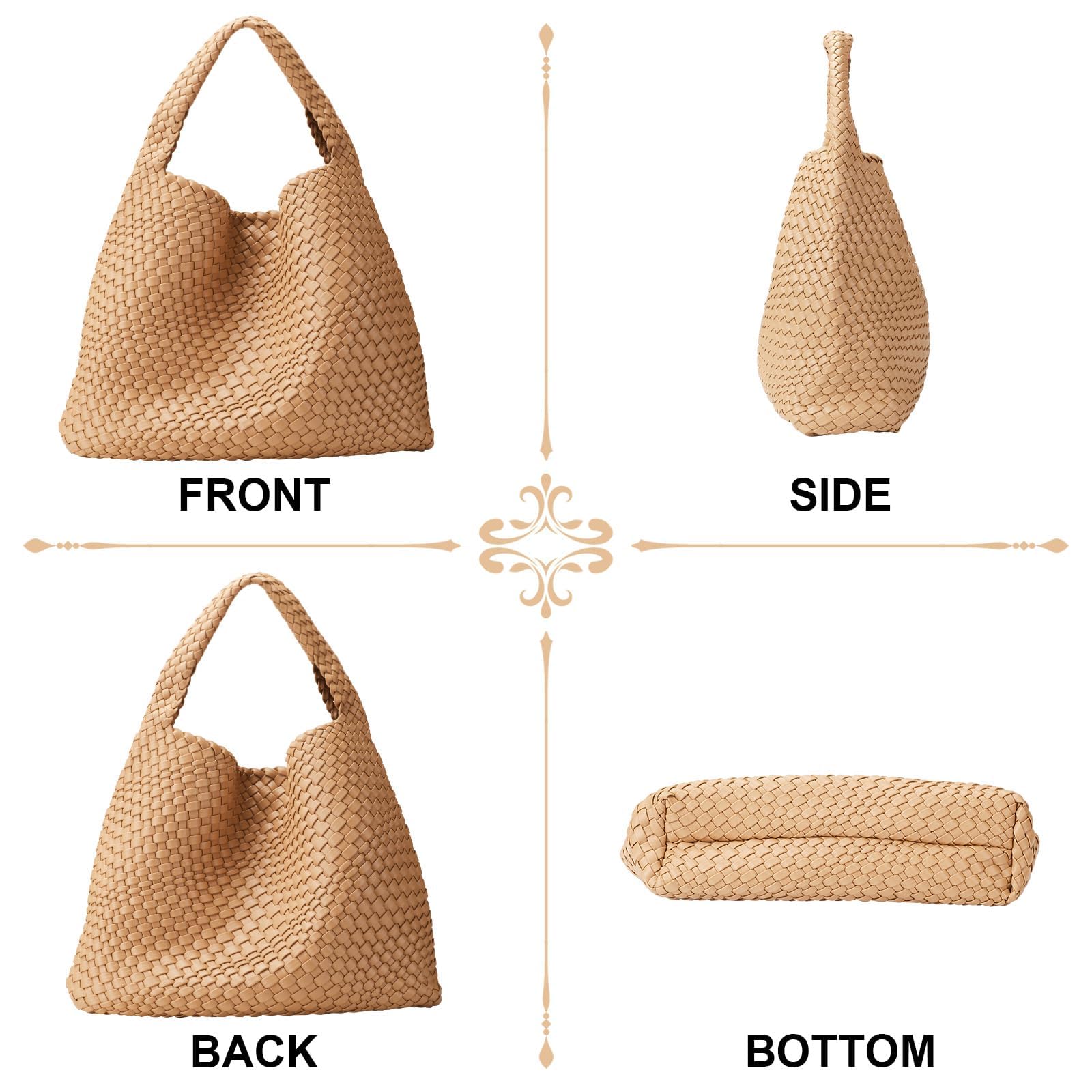 Woven Bag Vegan Leather Hobo handbags for Women, Top-handle Shoulder Tote Braided Bag Underarm Purse (Apricot-A)