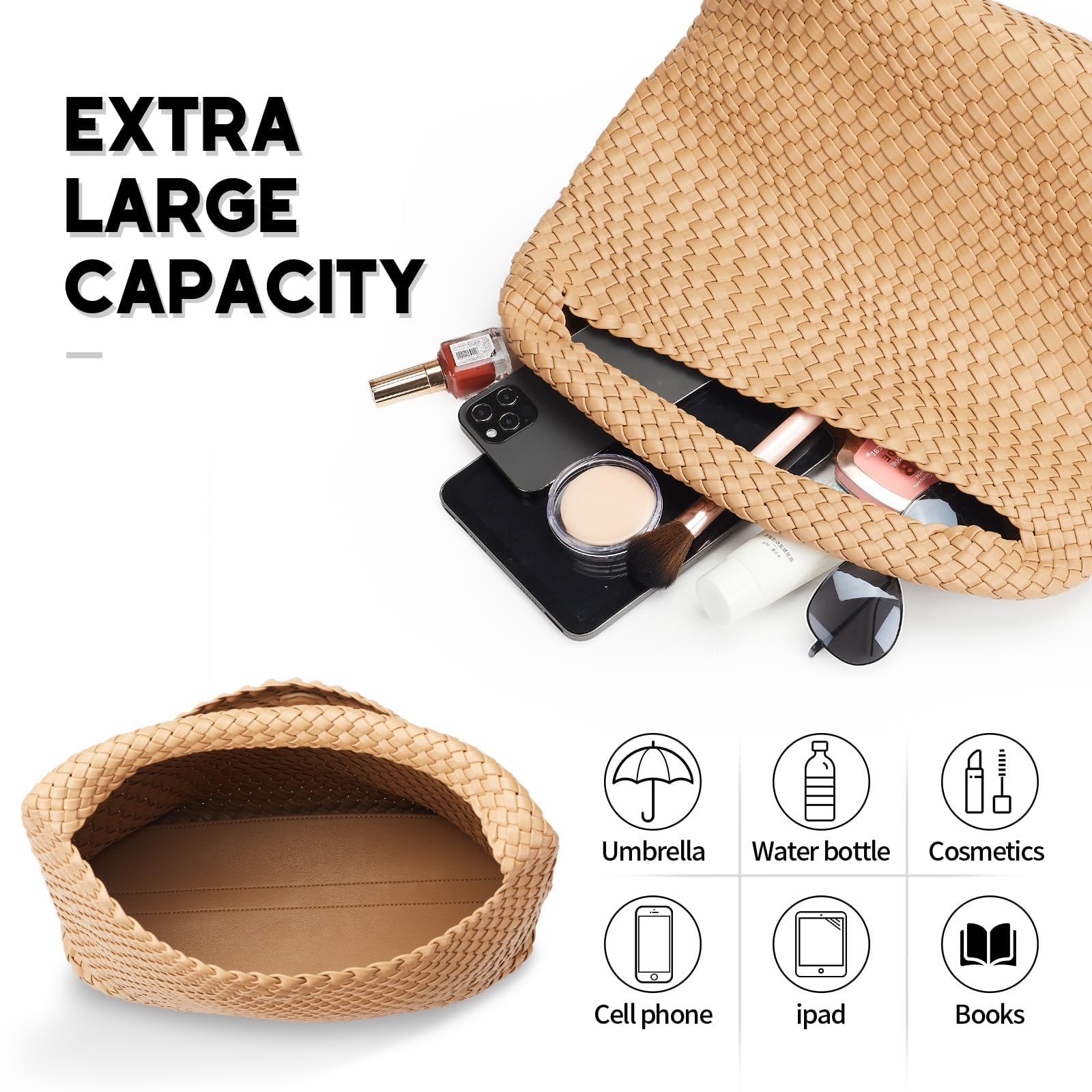 Woven Bag Vegan Leather Hobo handbags for Women, Top-handle Shoulder Tote Braided Bag Underarm Purse (Apricot-A)