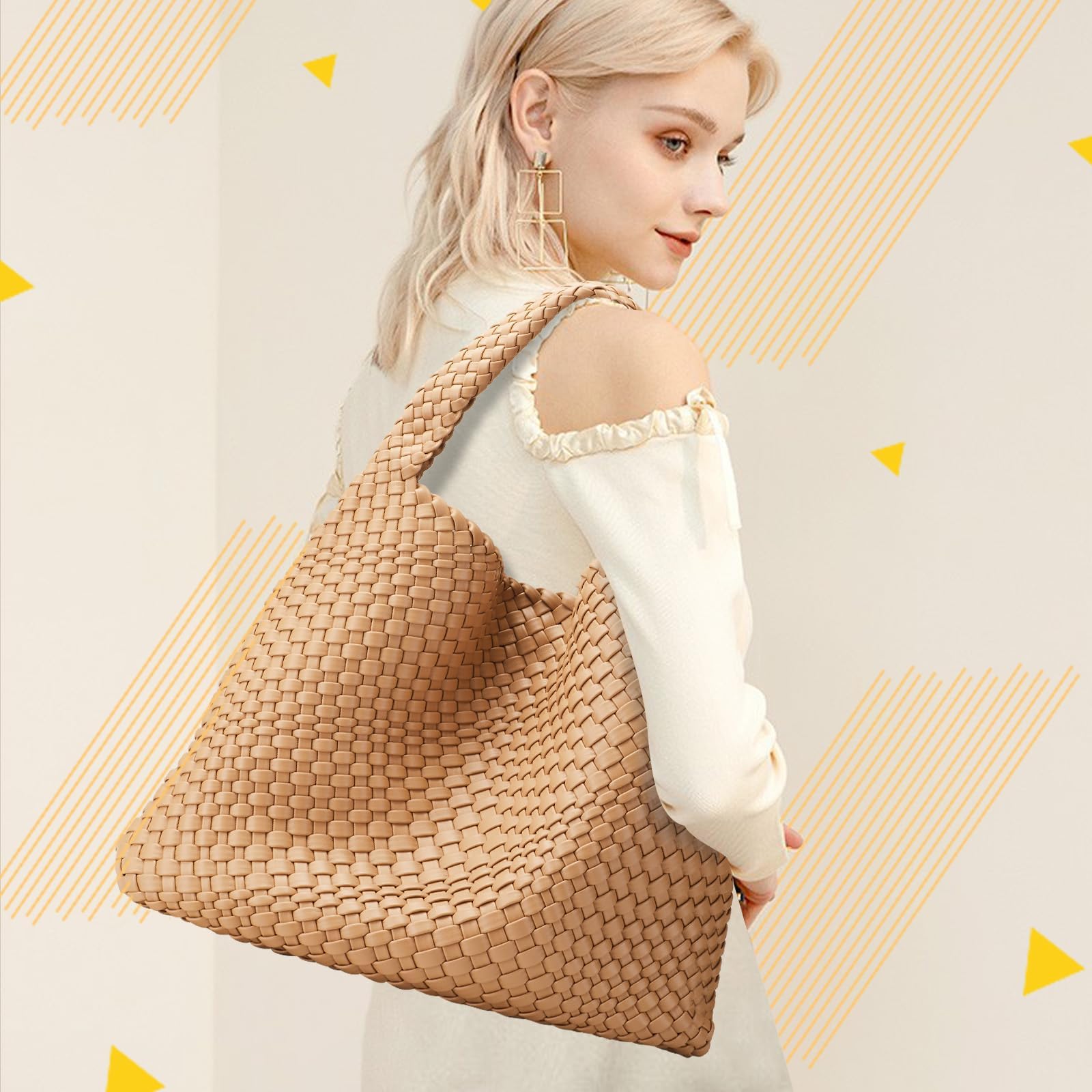 Woven Bag Vegan Leather Hobo handbags for Women, Top-handle Shoulder Tote Braided Bag Underarm Purse (Apricot-A)