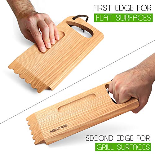 Mr.Art Wood BBQ and Grill Wooden Scraper Tool, Size 10.6β x 4.7β β Made in Europe, Barbeque Cleaner with Grooved and Flat Edge β 100% Natural One-Piece Ash Wood