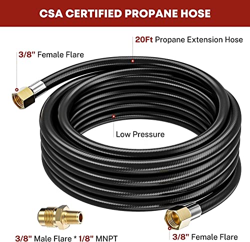 PatioGem Propane Hose Extension 20FT, Both Ends 3/8" Female Flare Propane Hose Assembly, Pipe Fitting 3/8" Flare x 1/8" MNPT, Extension Gas Line for Propane Appliances, LP Gas Hose