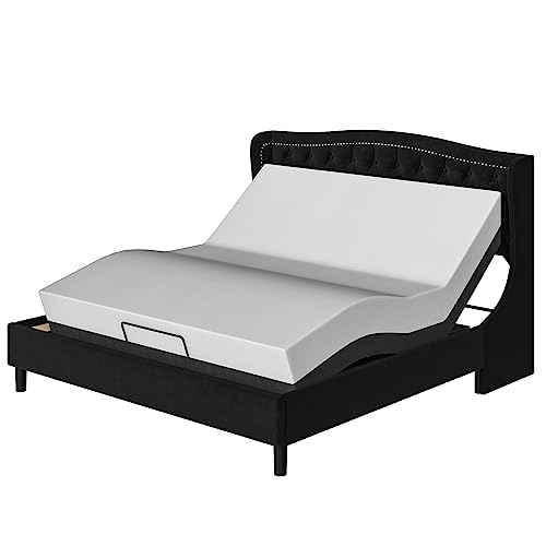 HOSTACK Modern Upholstered Platform King Bed Frame, Black, Velvet Fabric