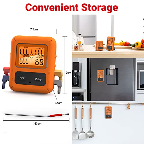 ingstek Wireless Meat Thermometer, Backlight Timer and Temp Alarm Function with 4 Probes Grill Thermometer, 400ft Remote Monitor, for Cooking, BBQ and Smoker