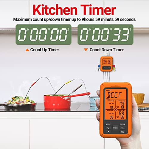 ingstek Wireless Meat Thermometer, Backlight Timer and Temp Alarm Function with 4 Probes Grill Thermometer, 400ft Remote Monitor, for Cooking, BBQ and Smoker
