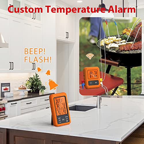 ingstek Wireless Meat Thermometer, Backlight Timer and Temp Alarm Function with 4 Probes Grill Thermometer, 400ft Remote Monitor, for Cooking, BBQ and Smoker