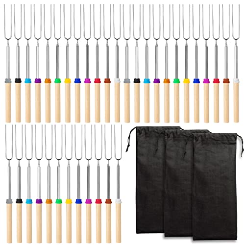 36 Pcs Marshmallow Roasting Sticks Campfire Smores Skewers for Fire Pit 32 Inch Long Extendable Fork Smores Sticks with Wooden Handle 3 Pcs Storage Bag for Cooking Grill Hot Dog Camping Accessories