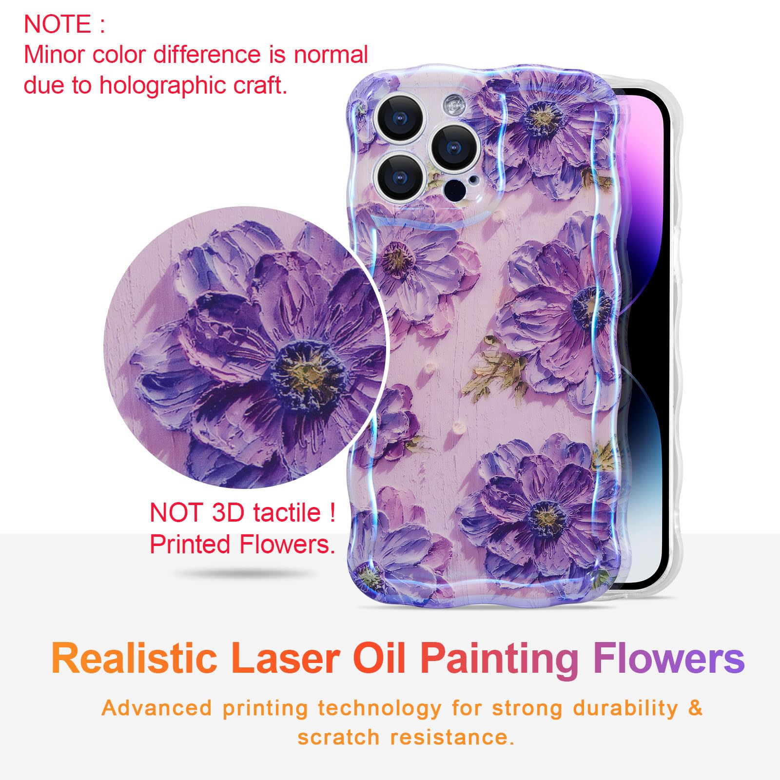 EYZUTAK Case for iPhone 13 Pro Max, Colorful Retro Oil Painting Printed Flower Laser Glossy Pattern Cute Curly Wave Edge Exquisite Phone Cover Stylish Durable TPU Protective Case for Girl Women-Purple