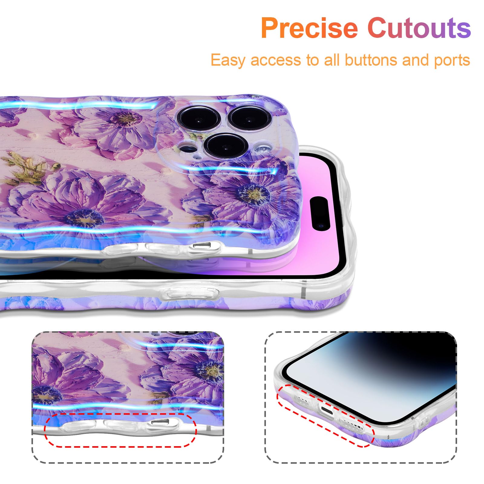 EYZUTAK Case for iPhone 13 Pro Max, Colorful Retro Oil Painting Printed Flower Laser Glossy Pattern Cute Curly Wave Edge Exquisite Phone Cover Stylish Durable TPU Protective Case for Girl Women-Purple