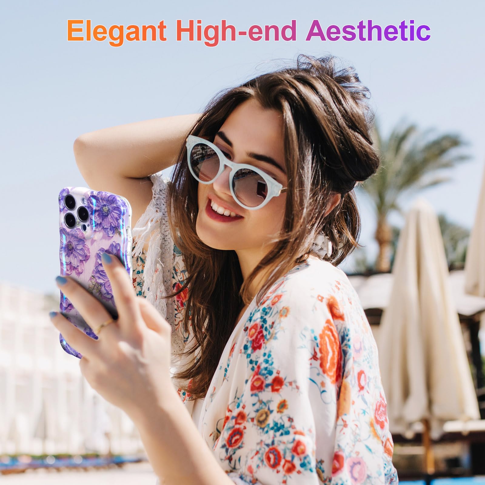 EYZUTAK Case for iPhone 13 Pro Max, Colorful Retro Oil Painting Printed Flower Laser Glossy Pattern Cute Curly Wave Edge Exquisite Phone Cover Stylish Durable TPU Protective Case for Girl Women-Purple