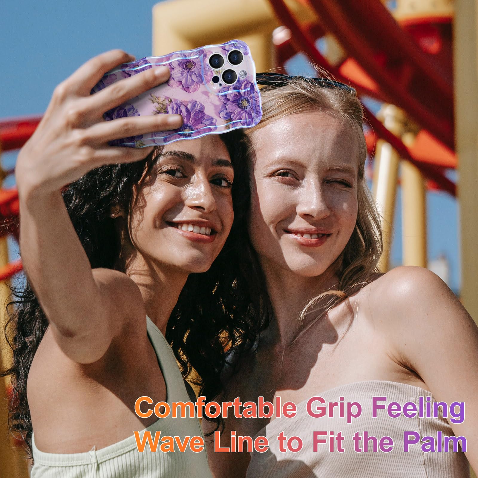EYZUTAK Case for iPhone 13 Pro Max, Colorful Retro Oil Painting Printed Flower Laser Glossy Pattern Cute Curly Wave Edge Exquisite Phone Cover Stylish Durable TPU Protective Case for Girl Women-Purple