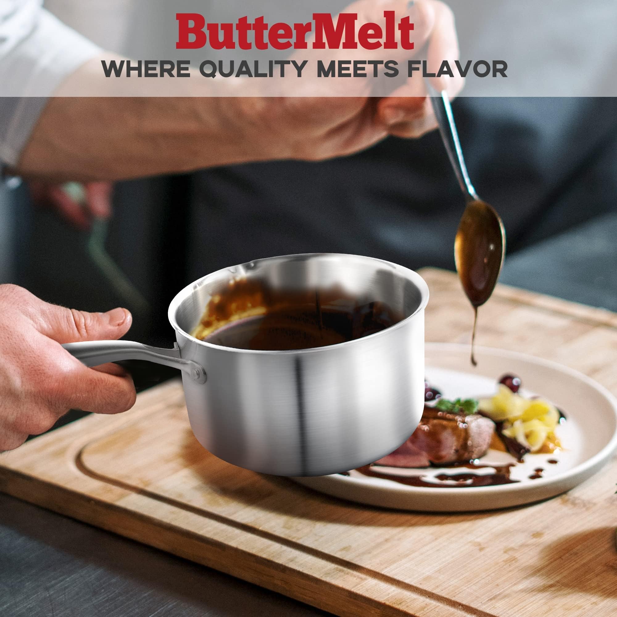 Buttermelt 1.5 Quart Stainless Steel Saucepan with Steamer Basket, Tri-ply Full Body, Multipurpose Sauce Pot with Two-Size Drainage Holes Lid, Perfect For Boiling Gravies, Pasta, Noodles