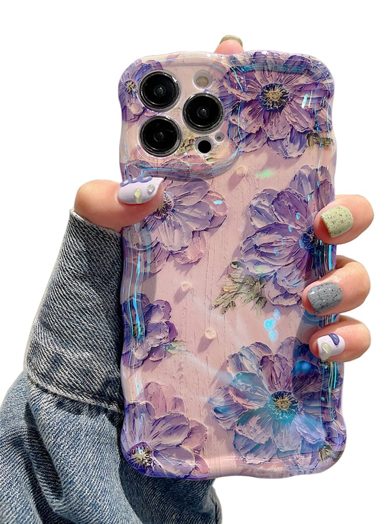 EYZUTAK Case for iPhone 13 Pro Max, Colorful Retro Oil Painting Printed Flower Laser Glossy Pattern Cute Curly Wave Edge Exquisite Phone Cover Stylish Durable TPU Protective Case for Girl Women-Purple