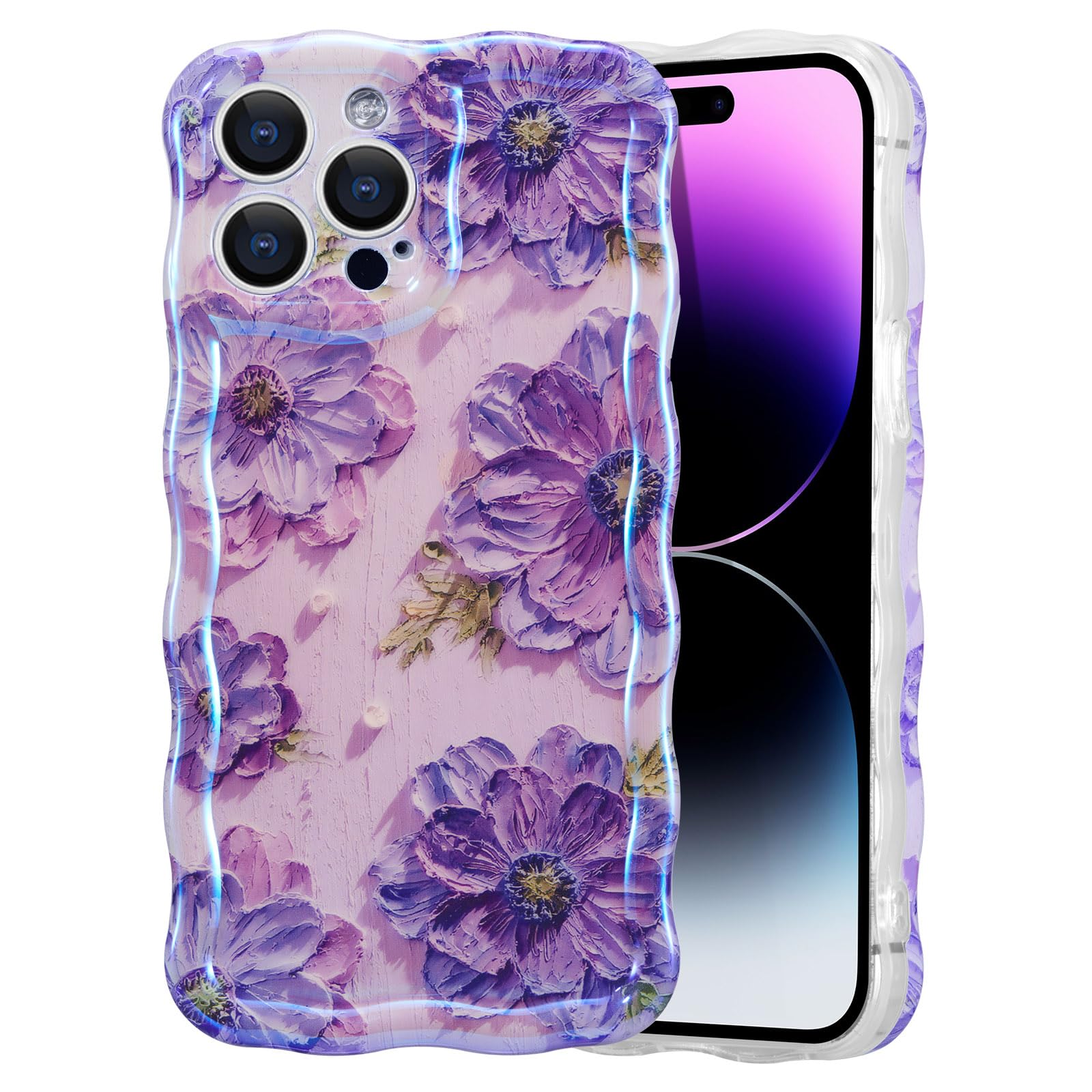 EYZUTAK Case for iPhone 13 Pro Max, Colorful Retro Oil Painting Printed Flower Laser Glossy Pattern Cute Curly Wave Edge Exquisite Phone Cover Stylish Durable TPU Protective Case for Girl Women-Purple