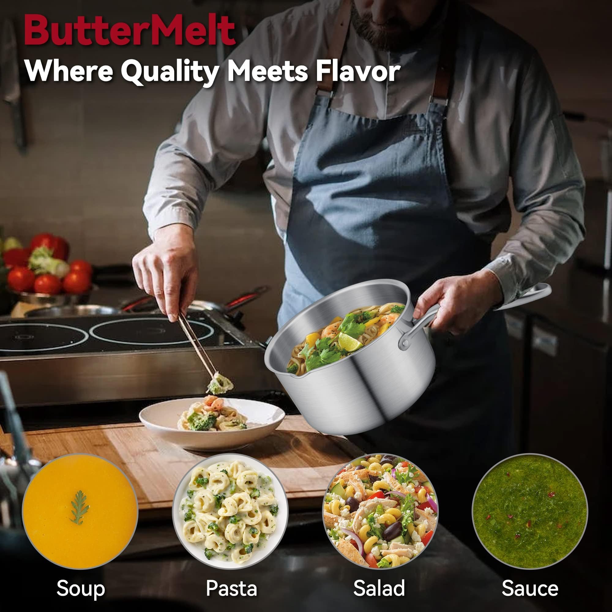 Buttermelt 1.5 Quart Stainless Steel Saucepan with Steamer Basket, Tri-ply Full Body, Multipurpose Sauce Pot with Two-Size Drainage Holes Lid, Perfect For Boiling Gravies, Pasta, Noodles