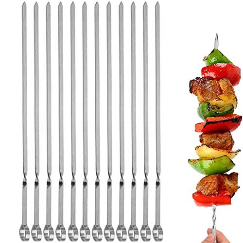 12PCS Kabob Skewers Flat Metal Stainless Steel BBQ Barbecue Skewer 14" Anti-Roll Heavy Duty Shish Kebob Sticks Wide Reusable Grilling Skewers Set for Meat Shrimp Chicken Vegetable Kebab Fork Sausage…